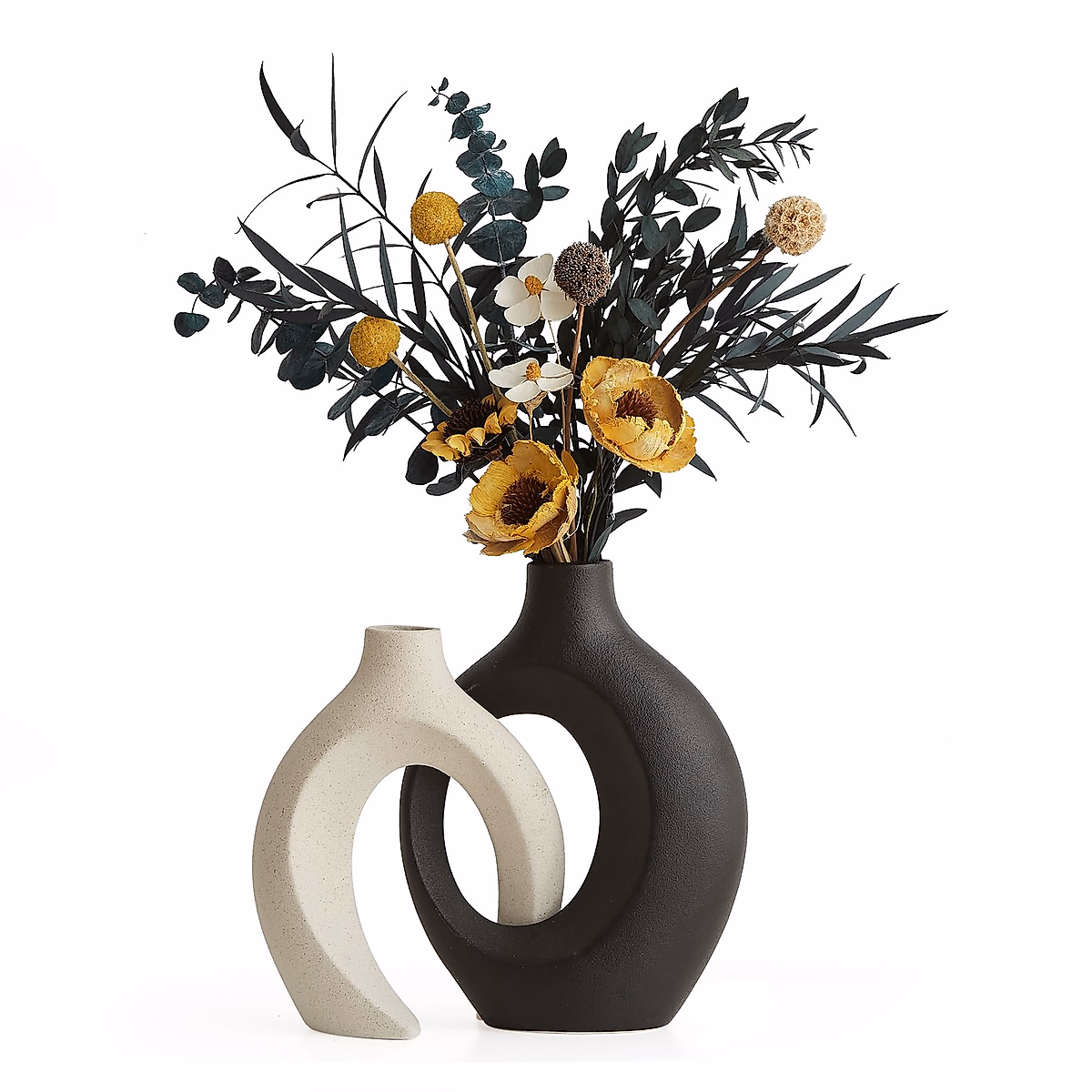 Black and White Ceramic Vases Set of 2 for Home Decor Modern Boho Donut Flower Vase Round Crossed Hollow Vase for Wedding Dining Living Room Table Centerpieces Coffee Table Decoration
