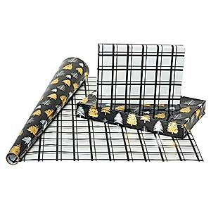 American Greetings 80 sq. ft. Reversible Christmas Wrapping Paper Bundle, Black and Gold Foil, Plaid, Trees and Reindeer (4 Rolls 30 in. x 8 ft.)
