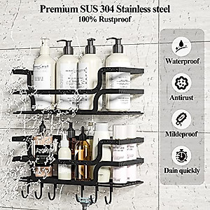 Auslar Shower Caddy, Shower Shelves, Shower Shelves for Inside Shower, Large Capacity Bathroom Shower Organizer with 6 Removable Hooks, Rustproof Stainless Steel, Self Adhesive Shower Shelves, Black