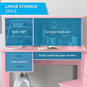Mjkone Kids Table & Chair Set, Living and Learning Kids' Desk with Hutch and Chair Set, Children’s Desk with 2 Drawers for Storage, Students' Study Computer Workstation with Multiple Cubbies, Pink