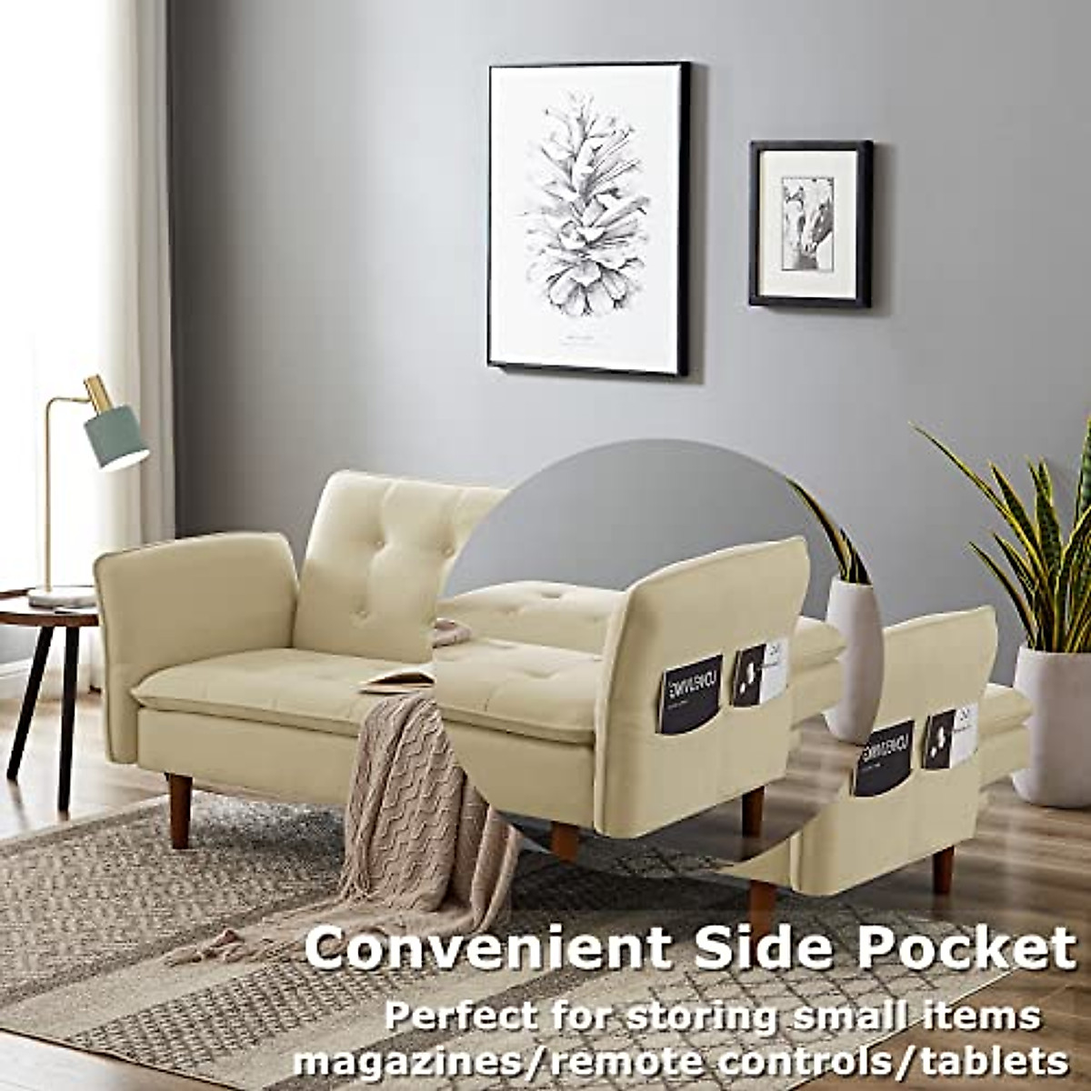 Ucloveria Futon Sofa Bed, Linen Fabric Memory Foam Sleeper Sofa Couch, Modern Convertible Loveseat for Compact Living Spaces, Studio, Apartment, Dorm, Guest Room, Home Office, 67" Beige