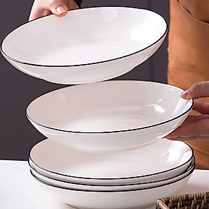 Dicunoy 6 Pack Pasta Plates, 8" Porcelain Salad Bowls, Shallow White Dinner Soup Serving Plate, Spaghetti Dishes with Black Rim for Cereal, Dessert, Snack, Microwave & Dishwasher Safe