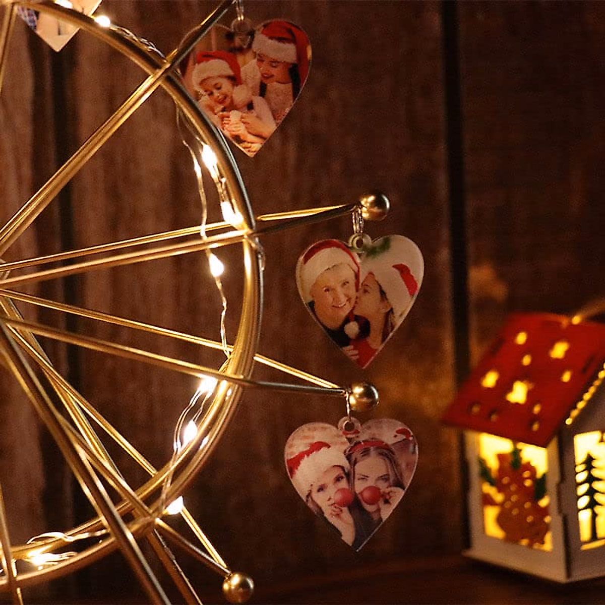 Spinning Ferris Wheel with Personalized 1-12 Heart Photo Custom Metal Desktop Picture Frame with LED Light for Home Décor Christmas Birthday Gifts (Gold)