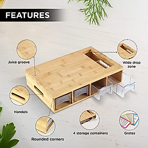 Bamboo Cutting Board With Containers - Meal prep station of 4 - Graters & 6 Bowl Lids, Trays, Splash - Multifunctional board by TOASTMARK