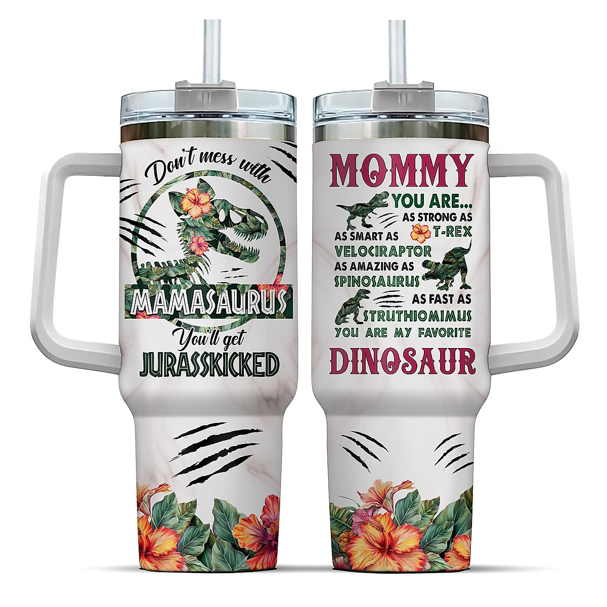 9SUNFLOWER Mamasaurus Stainless Steel Dinosaur Insulated Cup With Floral Straw Lid, Handle, 40 Oz Tumbler, Mommy Dinosaur Gift