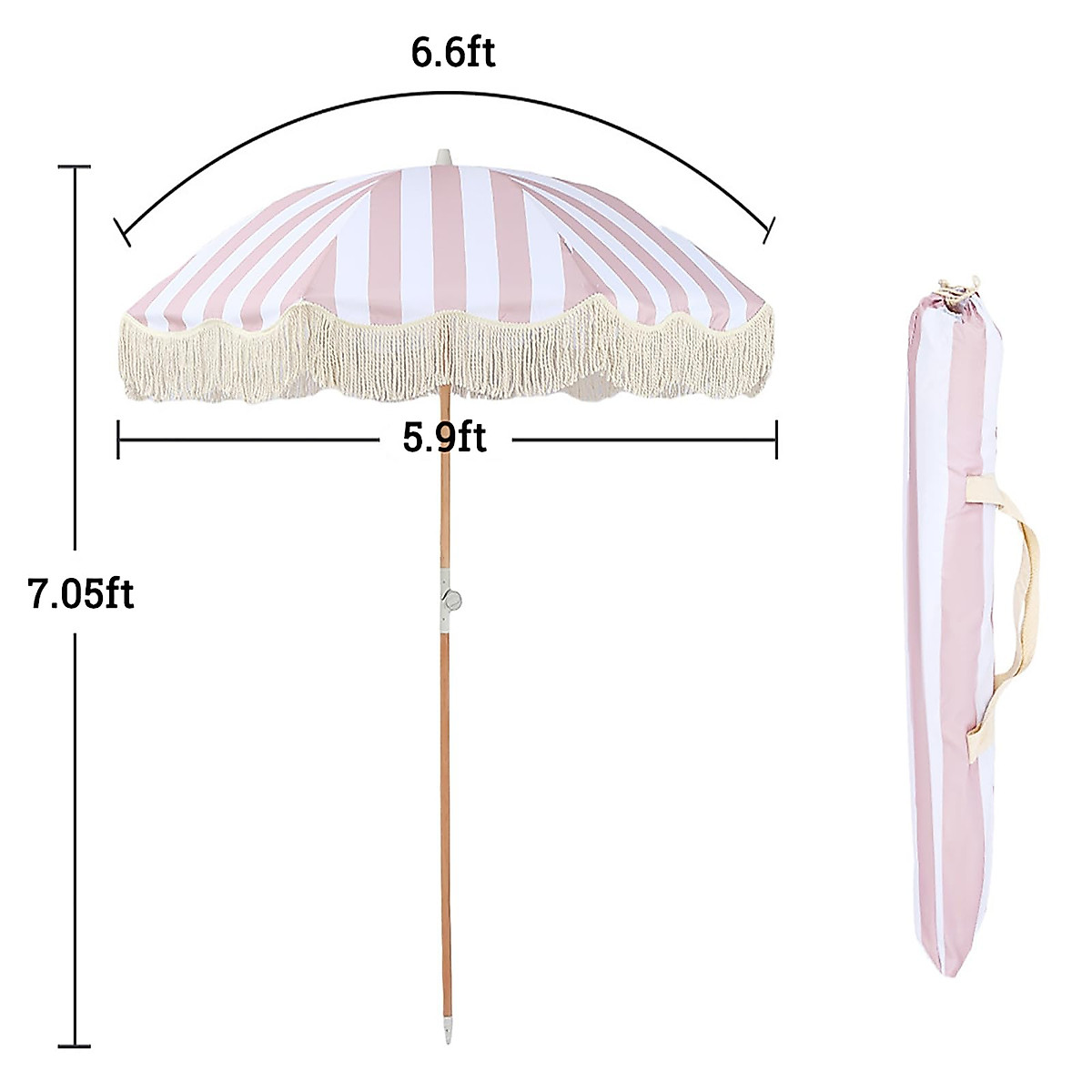 HM&DX Pink Patio Umbrella with White Tassels,7 Ft Outdoor Table Umbrella Button Tilt,Round Outdoor Umbrella 8 Sturdy Ribs,Sun Shade Rainproof Garden Umbrella