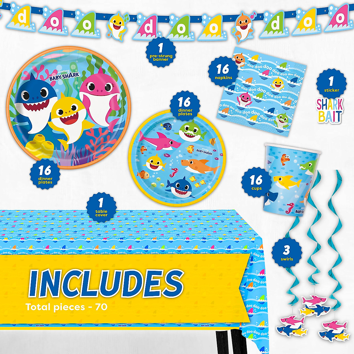 Baby Shark Birthday Decorations Set | Baby Shark Party Supplies | For Boys and Girls | With Banner, Tablecloth Table Cover, Dinner Plates, Cake Plates, Cups, Napkins, Sticker | Serves 16 Guests