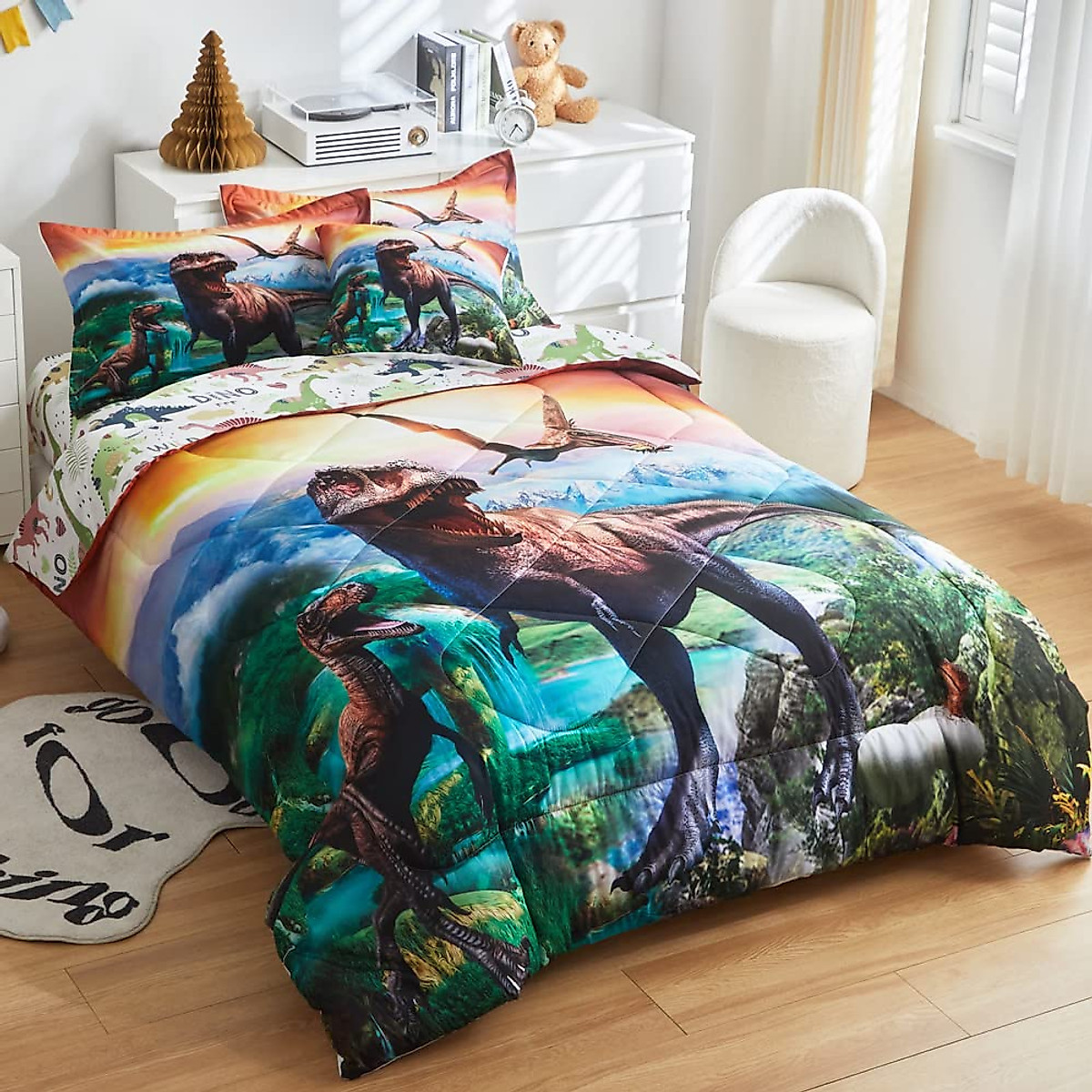 ADASMILE A & S Dinosaur Comforter Set Twin for Boys Dinosaur Twin Bedding Set for Kids 6 Pieces Dinosaur Comforter Set with Sheets Bed in A Bag T-Rex Dinosaur Comforter and Sheets Set for Home Decor