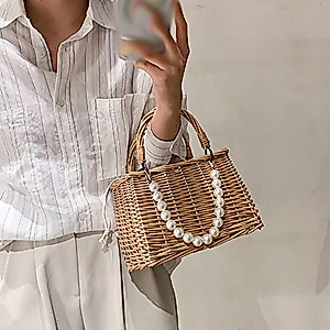 QUUL Lace Purses Handbags Women Summer Rattan Handmade Tote Bags Ladies Ribbons Beach Basket Bag Pearl Beads