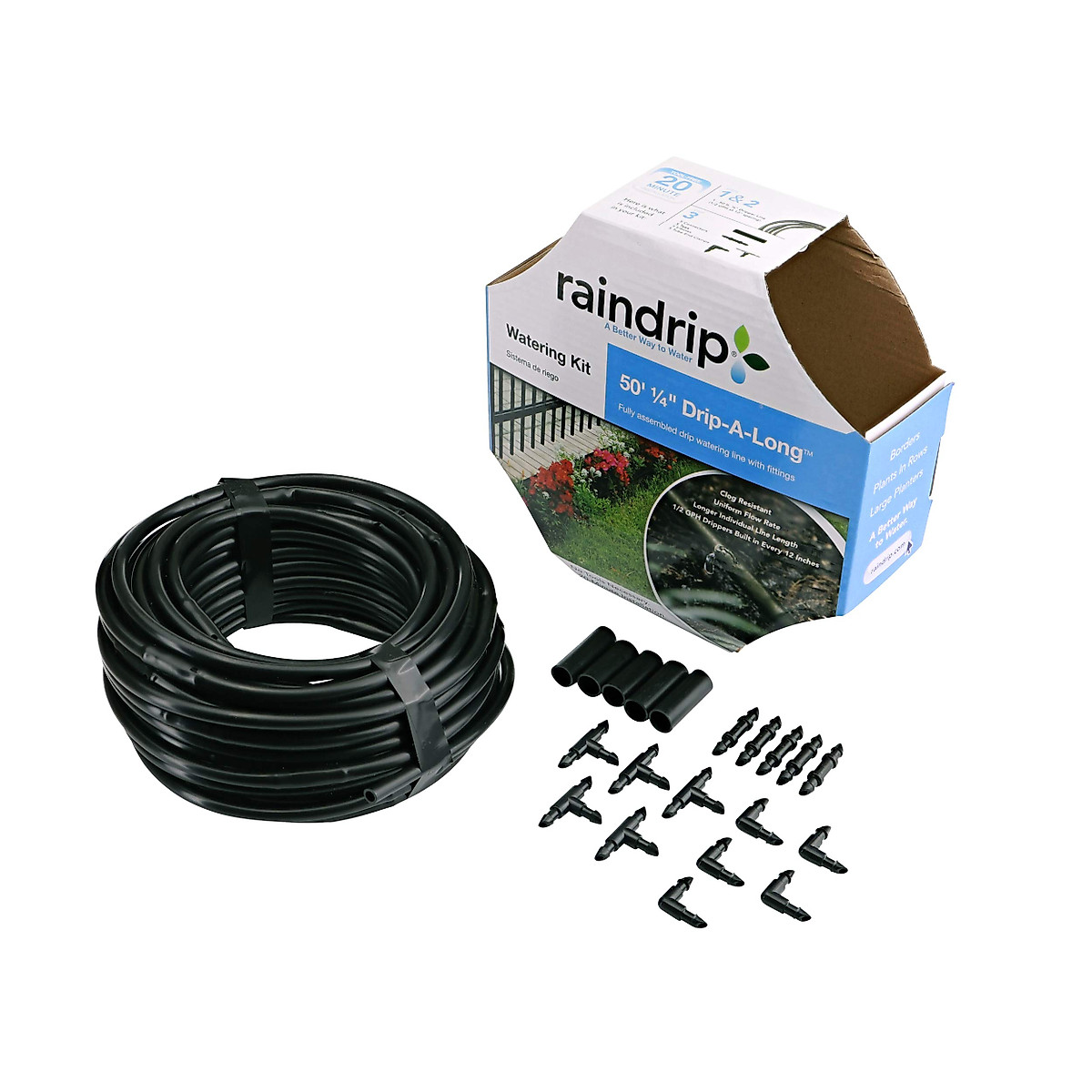Raindrip R280DT Drip-A-Long™ 1/4 in. Dripline Kit includes 50 feet of 1/4-Inch Dripline preassembled with 1/2 GPH drippers, 5 Barbed Tees, 5 Barbed Elbows, 5 Barbed Couplings, 5 End Plugs