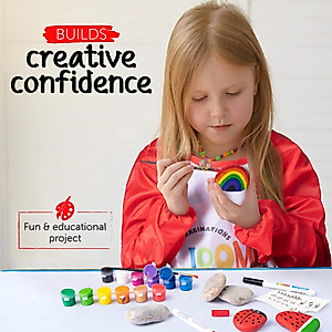 Rock Painting Kit for Kids | Arts & Craft Kits for Girls & Boys with 10 Assorted River Rocks, Acrylic Paints, Paintbrushes, Art Smock, Paint Markers, Stickers & Loads More