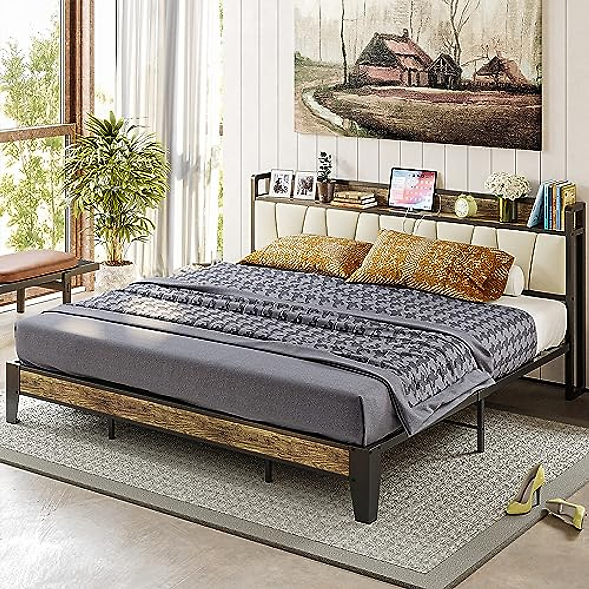 LIKIMIO King Bed Frame, Storage Headboard with Charging Station, Solid and Stable, Noise Free, No Box Spring Needed, Easy Assembly (Walnut and Beige)