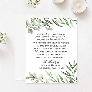 Hello Love Goods Greenery Funeral Thank You Cards, Sympathy Acknowledgement Cards, Bereavement Notes with Envelopes, 4.25x5.5 Flat Notecards