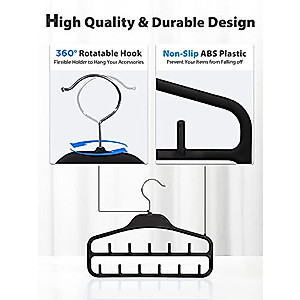 SMARTAKE 2 Pack Belt Hanger, 360 Degree Rotating Tie Rack with Hooks, Non-Slip Durable Hanging Closet Organizer Accessories Holder for Leather Belt, Bow Tie, Scarves and more, Black