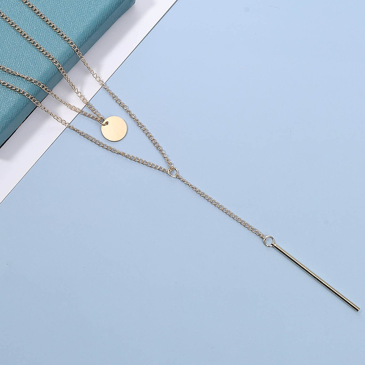 Yheakne Bohemia Layered Bar Coin Necklace Gold Vertical Bar Y Lariat Necklace Long Disc Pendant Necklace Chain Circle Necklace Jewelry for Women and Girls Gifts