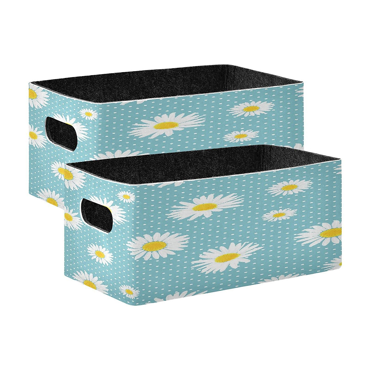 Kigai Felt Storage Bin Collapsible Daisy Flowers Polka Dots Storage Basket with Handles Rectangle Home Decorative Foldable Storage Box - 2PCS
