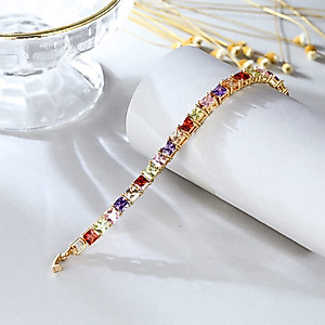 Esbbela Tennis Bracelet for Women Colorful Square Cubic Zirconia 5mm Artificial Diamond Rainbow Tennis Bracelet | 14K Gold Size 7 inch