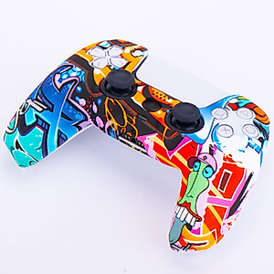 YoRHa Water Transfer Printing Silicone Thickened Cover Skin Case for PS5 Controller x 1(Comic Graffiti) with Thumb Grips x 10