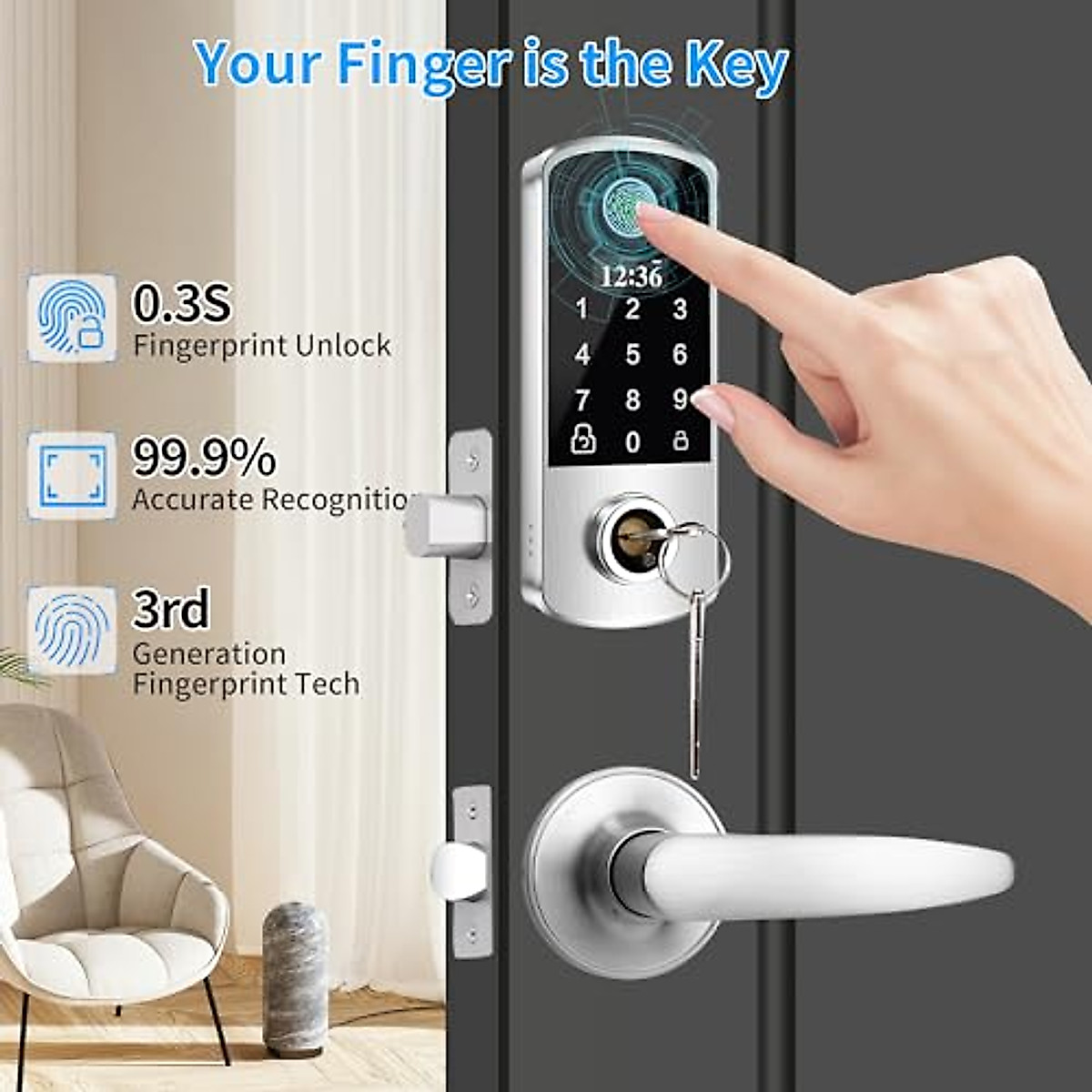 BEBASIA Fingerprint Door Lock with 2 Level Handles, Smart Door Lock, Keyless Entry Door Lock, Door Locks with Keypads, 300+ Users, Anti-Peeping Password, Auto Lock & One Touch Unlock (Satin Nickel)