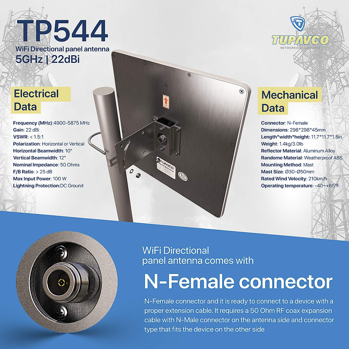 Tupavco TP544 WiFi Panel Antenna (5GHz) (22dBi) Outdoor Directional (4900-5850 MHz) Wireless Network Signal (Pole Mast Mount) Weatherproof High-Gain Long Distance Range (N-Female Connector)