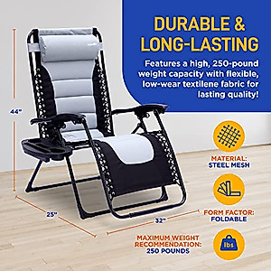 SereneLife, Gray and Black Foldable Outdoor Zero Gravity Padded Lawn Chair, Adjustable Steel Mesh Recliners, w/Removable Pillows and Cup Holder Side Tables, One Size