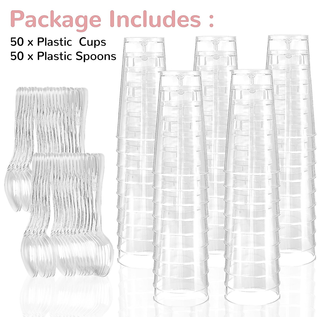 TOFLEN 50 Pack 3 oz Mini Dessert Cups with Lids and Spoons, Round Tall Plastic Dessert Shooters Party Serving Tumbler Cups for Parfait Appetizers & Dessert Shot Glasses