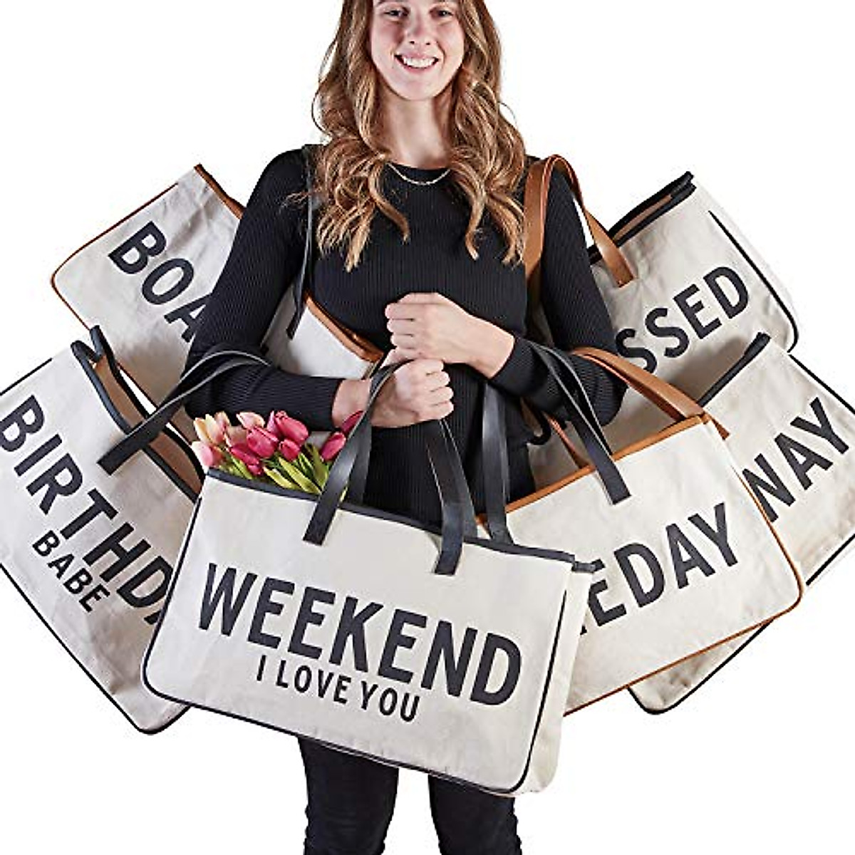 Santa Barbara Design Studio Tote Bag Hold Everything Collection Black and White 100% Cotton Canvas with Genuine Leather Handles, Large, Birthday Babe