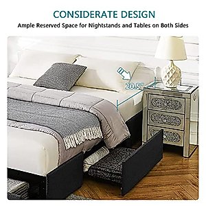 Alohappy Upholstered King Size Platform Bed Frame with 3 Storage Drawers, Mattress Foundation with Wooden Slats Support, Double-Row Support Bars, No Box Spring Needed, Dark Grey