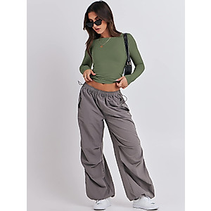 ANRABESS Women’s Long Sleeve Shirts Tight Fitted Going Out Crop Tops Crewneck Basic Tee Y2k Outfits Teens Girls Clothes Army Green S