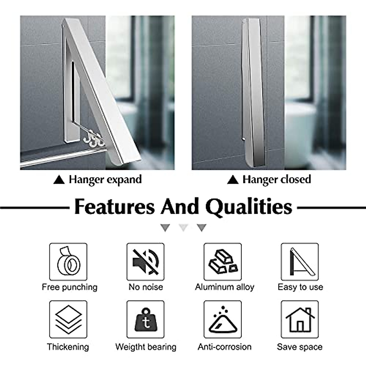 ANXVERS Household Clothes Rack, Laundry Clothes Rack, Wall Clothes Rack, Hanging Clothes Rack, Folding Clothes Rack, Clothes Rack with Pole, Clothes Rack, Independent Clothes Rack Sliver, Silver