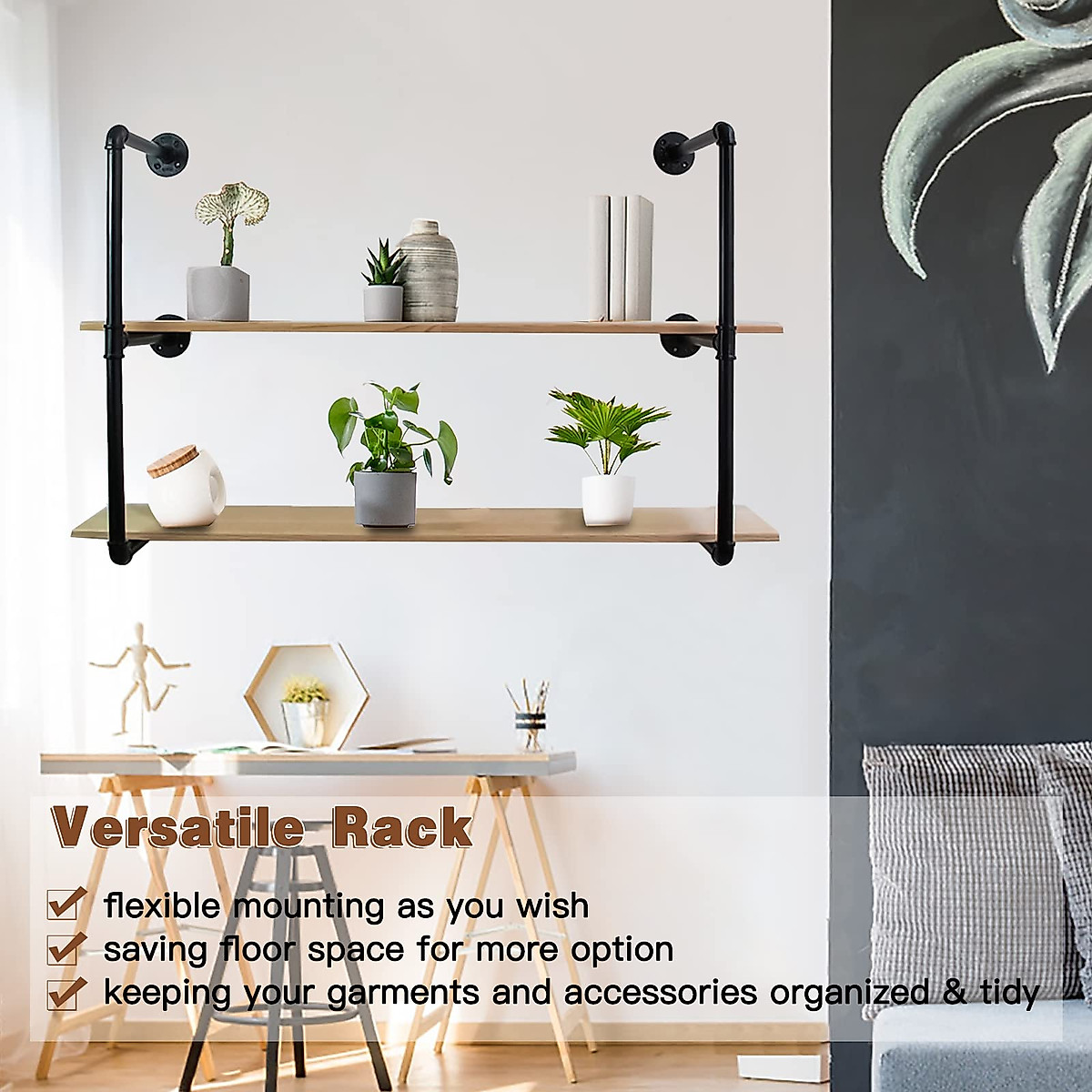 Varsoul Clothes Hanger Pole Wall Mount, 72" Heavy Duty Detachable Black Iron Garment Bar Hanging Rod Holder, Clothes Rail Shelf Wardrobe Organizer for Laundry Room & Closet Storage, 3 Base