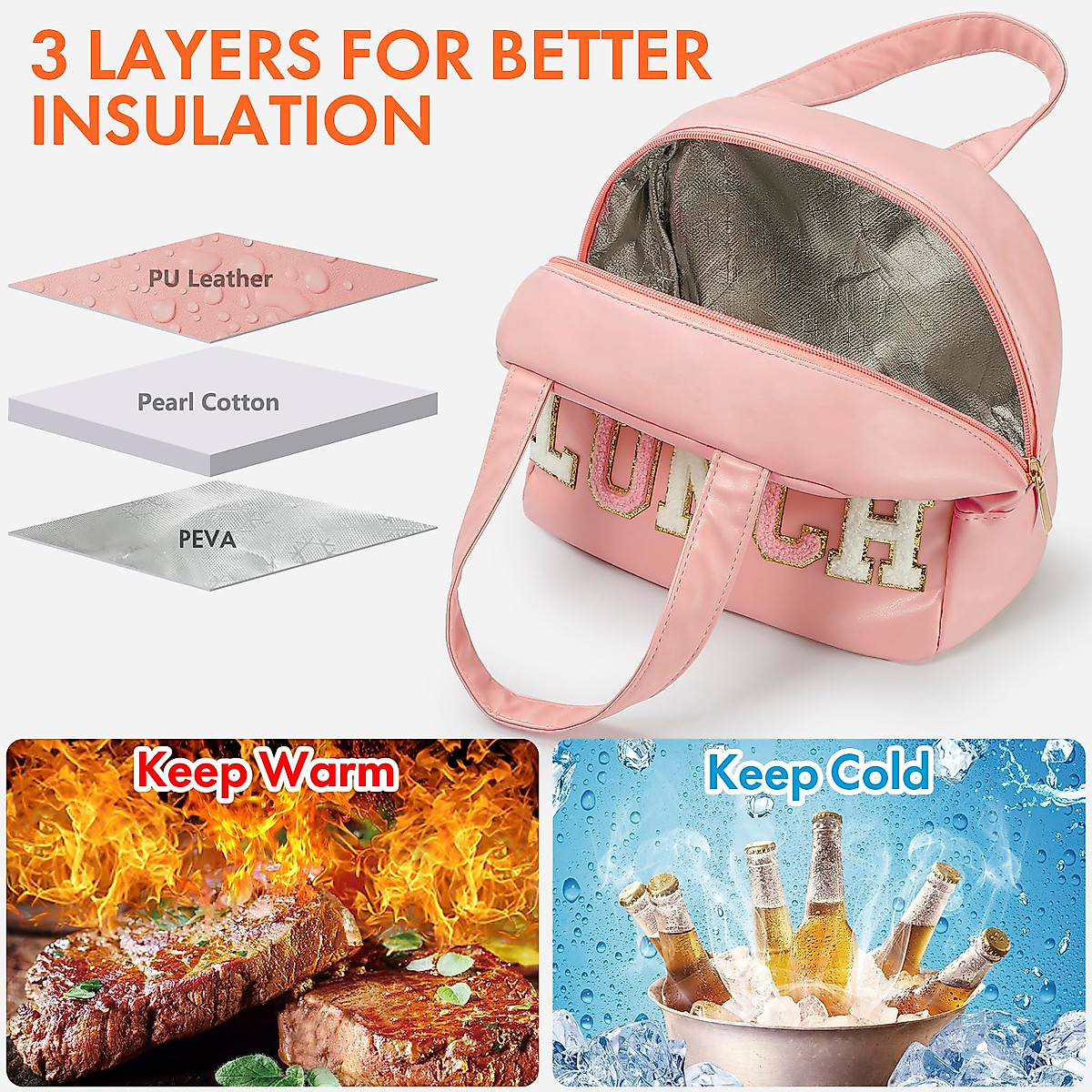 DIRGEE Lunch Bag for Women - Pink, Leather, Unisex, Meal Holder, Waterproof, Insulated, Reusable, Portable, 9.4L Capacity, Cute Chenille Letters Design