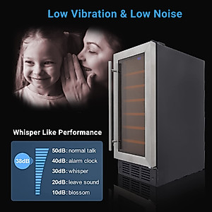 Techomey 15 Inch Under Counter Wine Cooler Refrigerator, 31 Bottle Freestanding Compressor Wine Fridge, Wine Cellar with Beech Wood Shelf, Digital Thermostat and Glass Door, Stainless Steel & Black