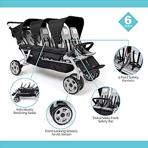 Gaggle by Foundations Jamboree 6-Seat Multi-Child Stroller with Oversized UV Blocking Canopy, Compact Folding Stroller, Easy Loading, Storage Bucket (Black)