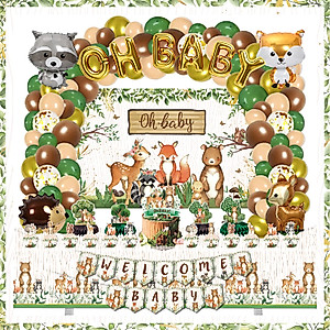 Mpanwen Woodland Baby Shower Decorations, 150 Pcs Boy & Girl Gender Neutral Forest Animal Decor for Showers & Birthdays with Banners Cupcakes Wrappers Balloons Backdrop Tablecloth Centerpieces
