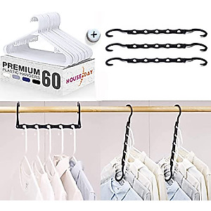 HOUSE DAY Space Saving Hangers10 Pack and Plastic Hangers 60pack, Save More Than 80% of Your Closet Space