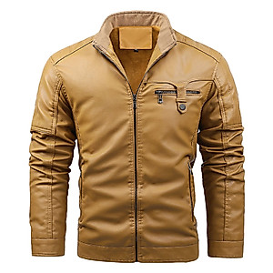 Maiyifu-GJ Men Vintage Stand Collar Leather Jacket Faux Leather Fleece Lined Motorcycle Jacket Lightweight PU Zip Up Outwear (Yellow 2,3X-Large)