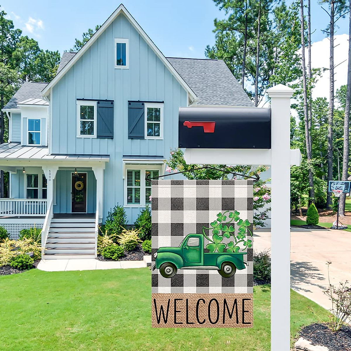 Welcome St Patricks Day Garden Flag 12x18 Inch Double Sided Burlap, Truck Lucky Shamrocks Sign Farmhouse Yard Outdoor Decor DF185