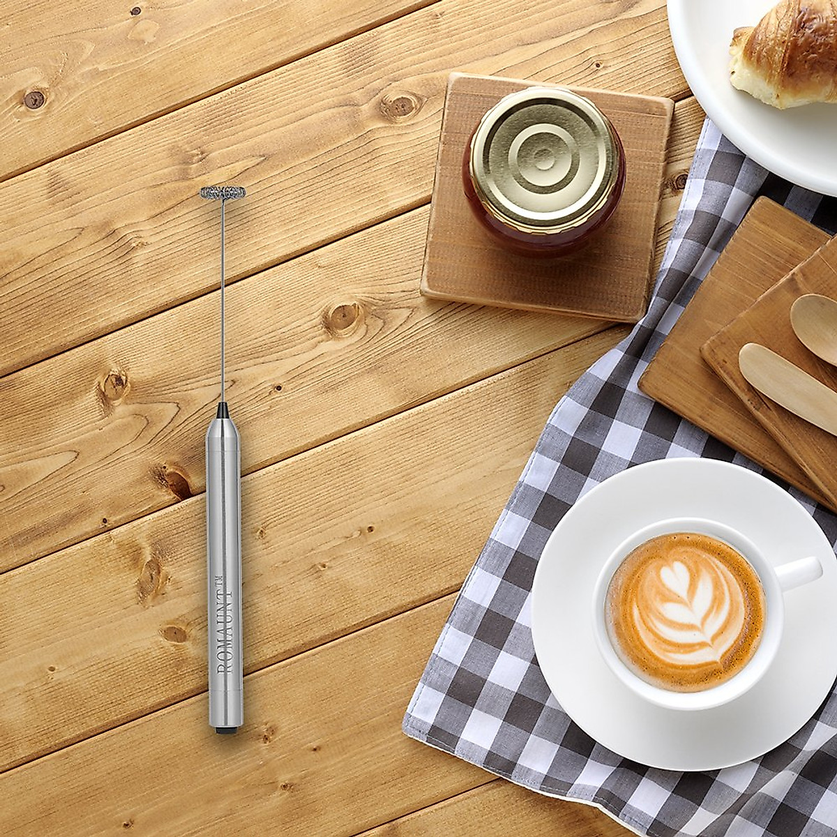 Handheld Milk Frother, ROMAUNT Battery Operated Electric HandHeld Portable Mini Mixer Machine Foam Coffee Maker for Latte Cappuccino Milk Foamer 304 Stainless Steel Whisk