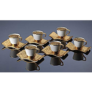 DEMMEX Stunning Espresso Turkish Coffee Cups with Metal Holders and Saucers Set for 6, 2.6 Ounces (White - Gold)