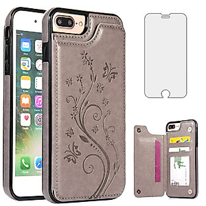 Phone Case for iPhone 7plus 8plus 7/8 Plus with Tempered Glass Screen Protector and Card Holder Wallet Cover Flip Leather Cell Accessories i Phone7s 7s + 7+ 8s 8+ Phones8 Cases Women Men Gray