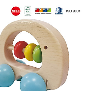 Classic World Wooden Rattle, Elephant Baby Rattle Wood Teether Grasping Toys Rings Push and Pull Toy