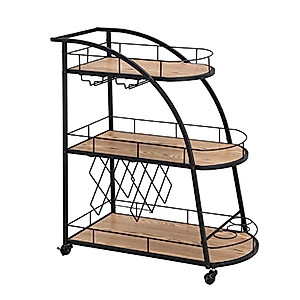 3-Tier Industrial Mobile Bar Cart Serving Wine Cart with Wheels, Rolling Storage Cart Kitchen Island Cart for Kitchen Dining Room, Metal Frame & MDF Material, Black