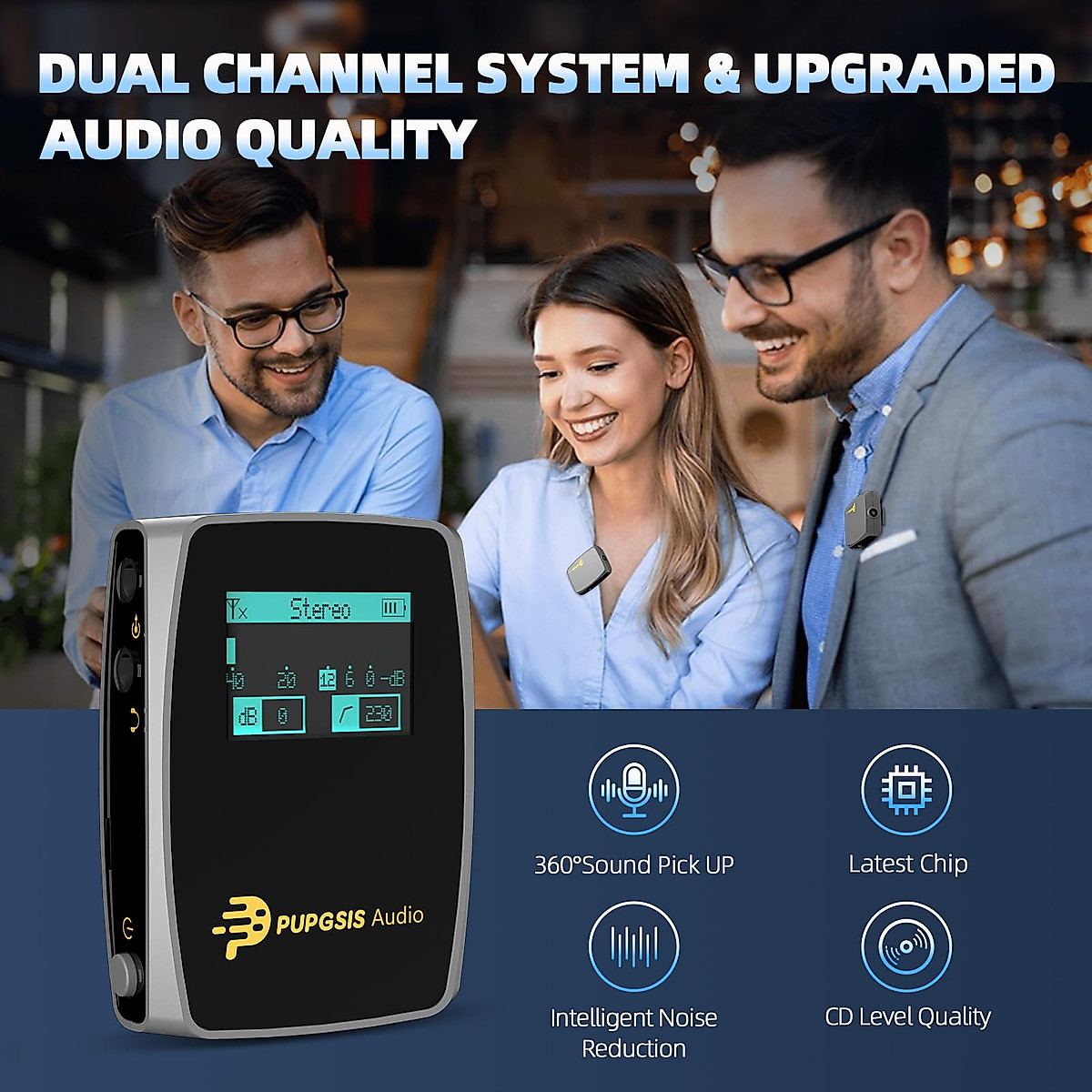 P PUPGSIS Wireless Lavalier Microphone with Noise Cancellation, Dual Transmitter, 500ft Range, 10H Battery, 2.4G Compact Lapel Microphone Wireless for iPhone/Android/Camera/Streaming/Recording/Vlog