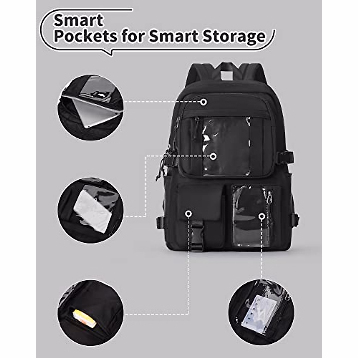 Black School Backpack for Girls Boys Cute Kawaii Lightweight College High School Bookbag for Teens Durable Middle School Students Bags Waterproof Casual Daypack For Men Women