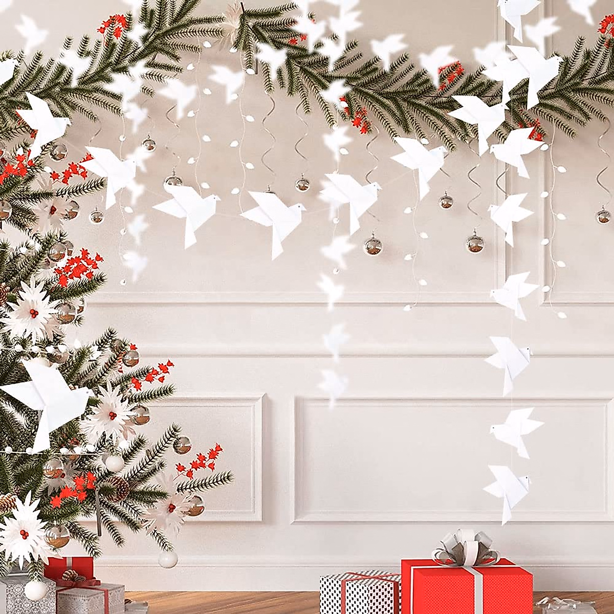 150PCS 10Strings White Origami Paper Doves Garlands for Wedding Party Decorations Bday Bridal Shower Origami Love Birds Banner for Engagement/Valentine's Day/Birthday Party Peace Dove Decor