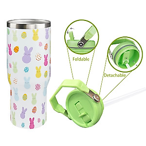 HOWSEESNOW 30oz Easter Tumbler with Handle and Straw, Colorful Rabbits Insulated Tumbler, Leak Proof Travel Coffee Mug, Reusable Stainless Steel EasterEgg Tumbler, Easter Gifts for Women