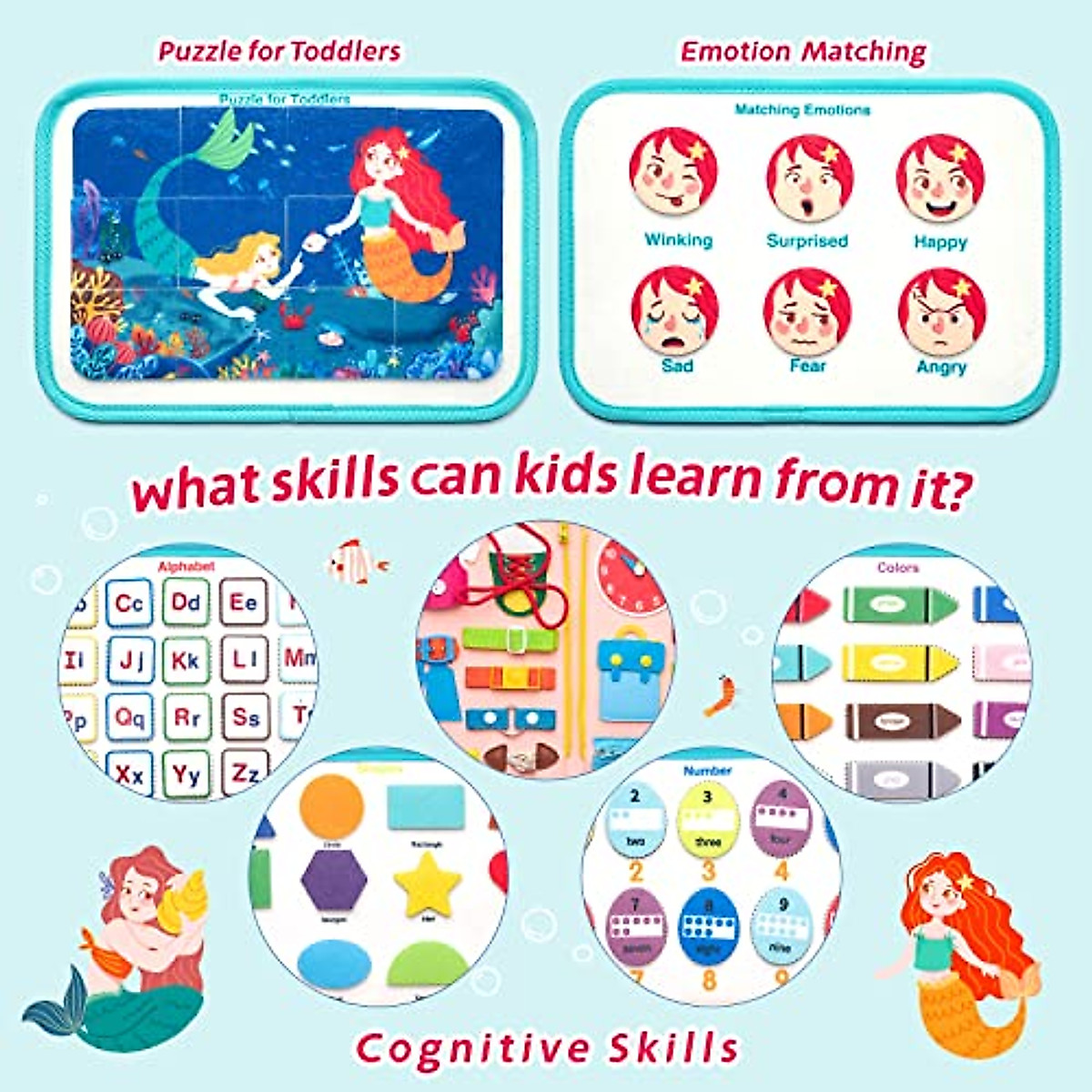 Giant Cabbage Busy Board Sensory Toys for Toddlers 2 3 4, Toddler Travel Activities Educational Toys, Montessori Toys for 2 3 4 Year Old Gilrs Boys Gift, Mermaid