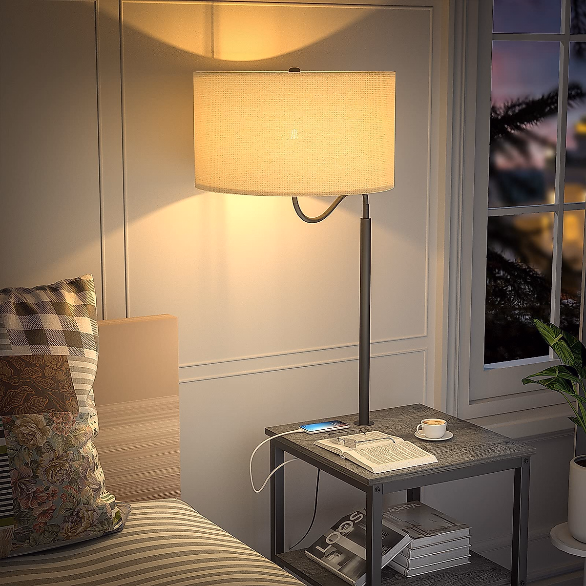 ANTLUX Floor Lamp with Side Table - USB Charging Port, Power Outlet End Table and Lamp, Modern Bedside Nightstand with Industrial Floor Light for Living Room, Bedroom, Edison LED Bulb, Gray
