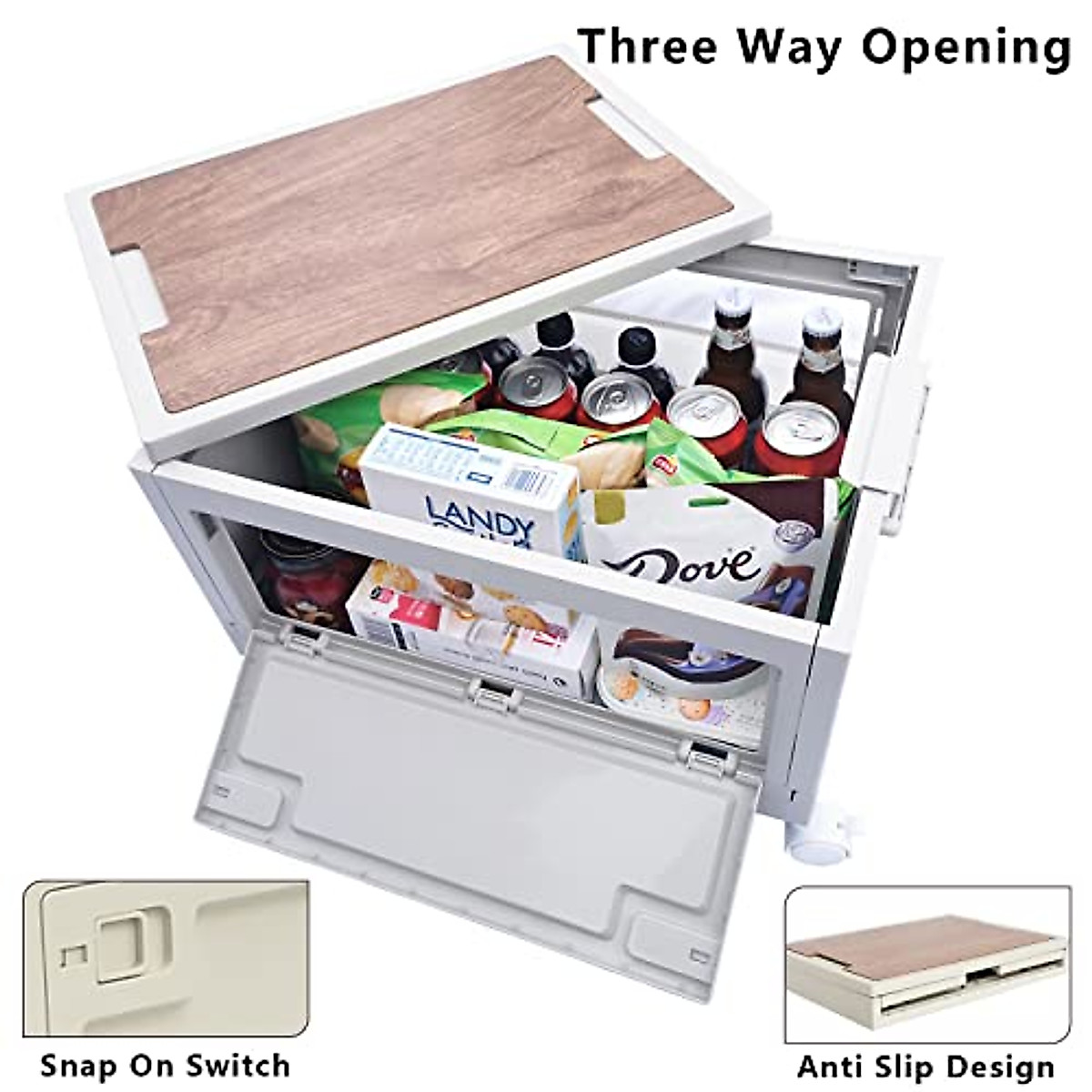 YOHOUYEAR Folding Storage Box with Wooden Lids and Doors,47.5 Qt./45L Stackable Collapsible Closet Organizer,Outdoor Multifunctional Plastic Bins,Camping,Car Trunk,Home Sorting